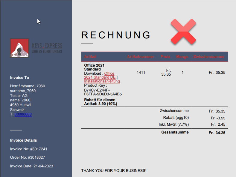 Correct wrong .pdf invoice layout - Keys Support